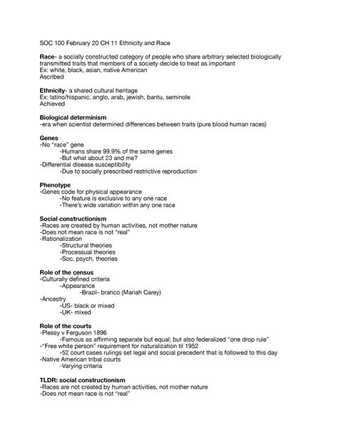 Soc Ch 11 Soc 100 Chapter Notes Soc 100 February 20 Ch 11 Ethnicity And Race Race A