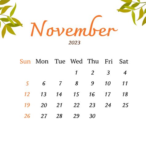 Calendar November With Leaves Calendar November November