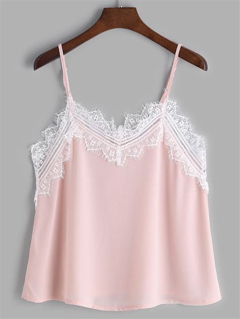 Pink Contrast Eyelash Lace Trim Cami Top Lace Top Outfits Trendy