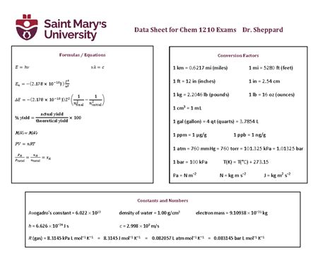 Chem 1210 Data Sheet For Exams Data Sheet For Chem 1210 Exams Dr