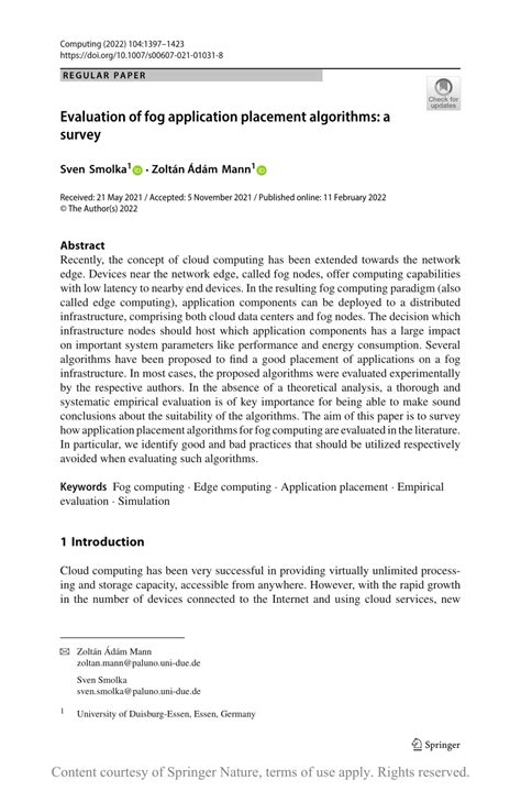 pdf evaluation of fog application placement algorithms a survey
