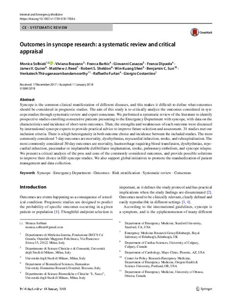 Pdf Outcomes In Syncope Research A Systematic Review And Critical