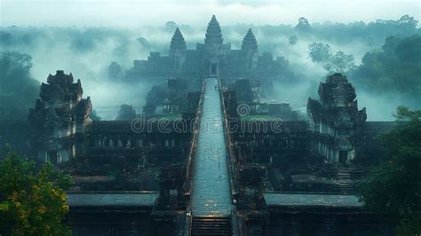 A Misty View Of An Ancient Temple Complex Surrounded By Lush Greenery