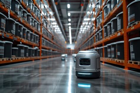 Robots Managing Inventory In A Modern Warehouse Environment Premium