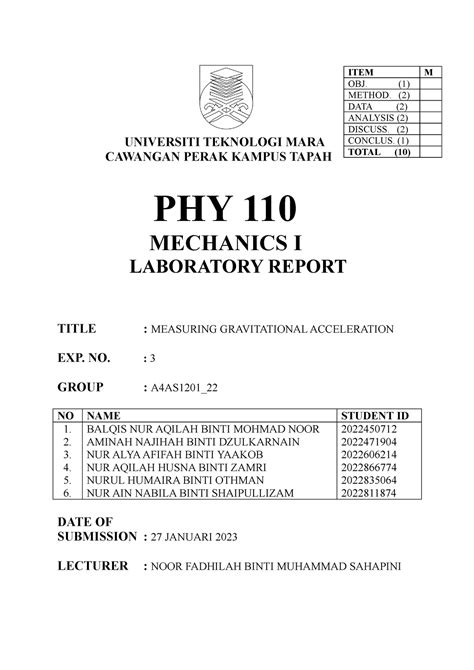 Phy 110 Lab Report Exp 1 Universiti Teknologi Mara Cawangan Perak