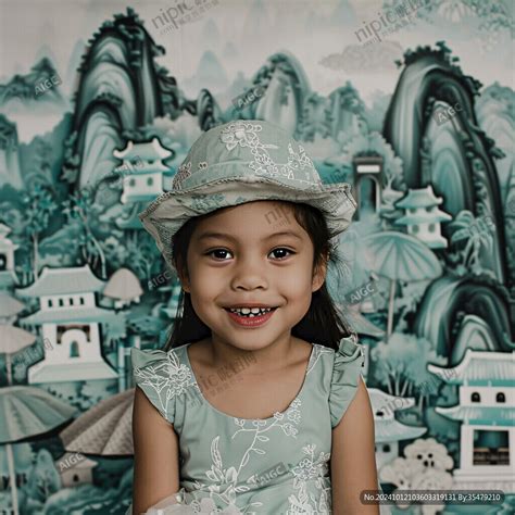 ai创作图中国风小孩 壮乡小女孩 中国风宝贝 小女孩壁画 中国小姑娘 蓝色广西水彩背景 漓江墙画 广西插画广西水彩旅游 广西水彩背景 美丽中国
