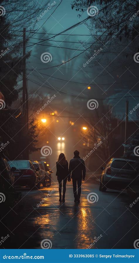 Couple Walking Hand In Hand Down A Dimly Lit Street During A Foggy