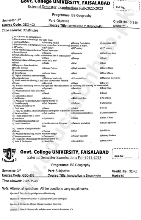 Geo 403 Introduction To Biogeography Bs Geography Gcuf Past Paper 2023