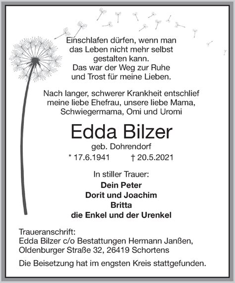 Traueranzeigen Von Edda Bilzer Nordwest Trauer De