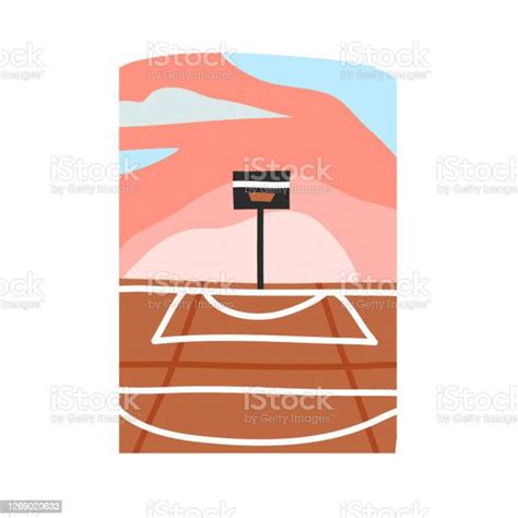 손으로 그린 벡터 추상 스톡 플랫 그래픽 일러스트와 일몰 해변 장면 의 거리 농구 코트와 흰색 배경에 고립 된 공 Championship에 대한 스톡 벡터 아트 및 기타