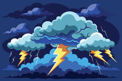 A Cartoon Illustration Depicting A Dark Blue Stormy Sky With Multiple Bright Yellow Lightning