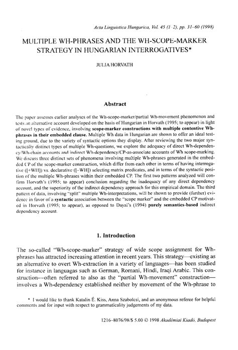 Pdf Multiple Wh Phrases And The Wh Scope Marker Strategy In Hungarian Interrogatives