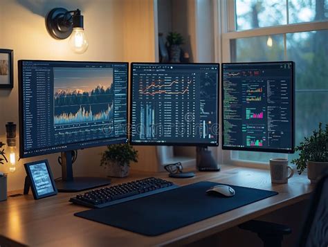 Modern Trading Setup With Multiple Monitors In Cozy Home Office Stock