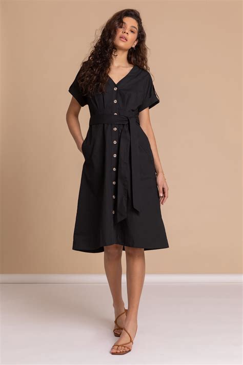 Cotton Belted Midi Shirt Dress In Black Roman Originals Uk