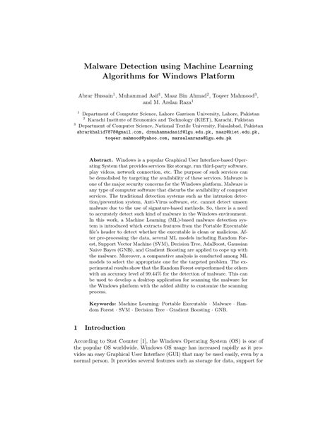 Pdf Malware Detection Using Machine Learning Algorithms For Windows