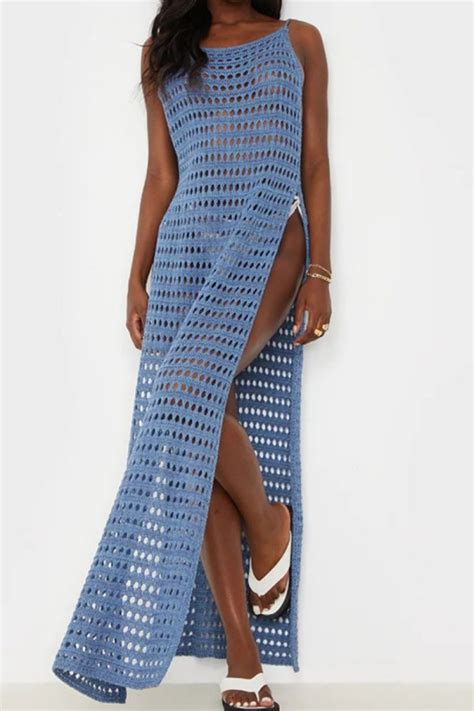 Wholesale Blue Sexy Solid Hollowed Out See Through Slit O Neck Beach