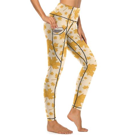 High Waisted Leggings For Women Autumn Fall Yellow Leaves Tummy