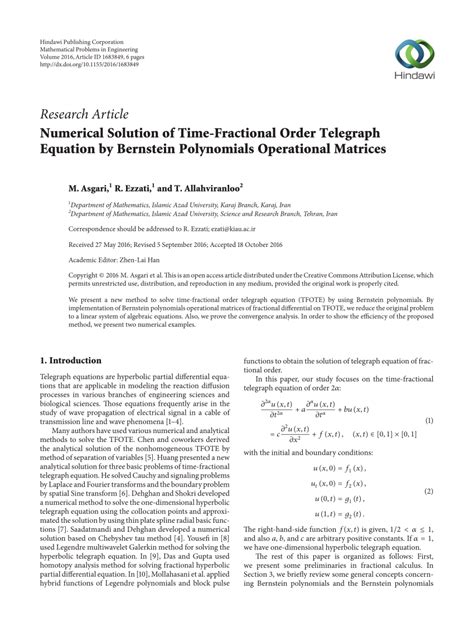 Pdf Numerical Solution Of Time Fractional Order Telegraph Equation By