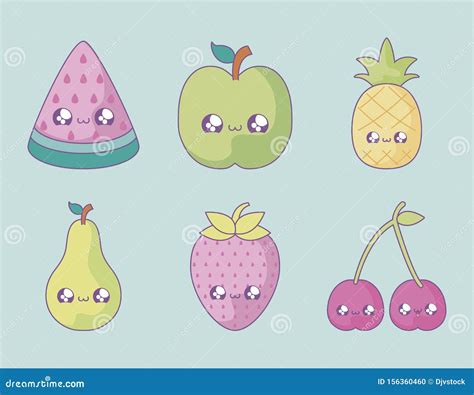 Set Of Cute Fruits Style Kawaii Stock Illustration Illustration Of