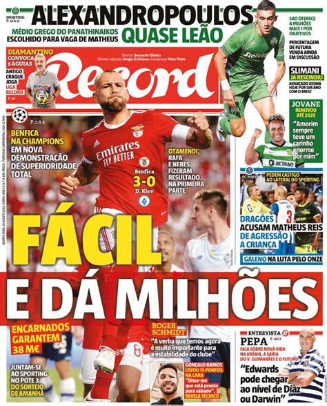 Capa Jornal Record 24 Agosto 2022 Capasjornais Pt