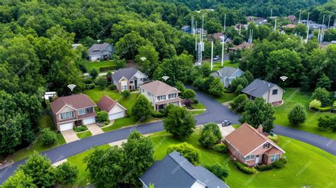 Aerial View Of Suburban Homes With Visible Wifi Signals Indicating