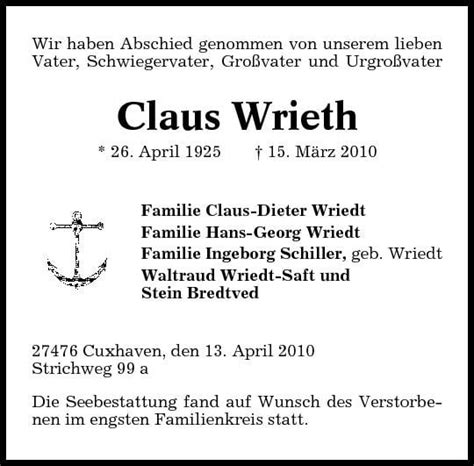 Claus Wrieth Traueranzeige Cuxhavener Nachrichten