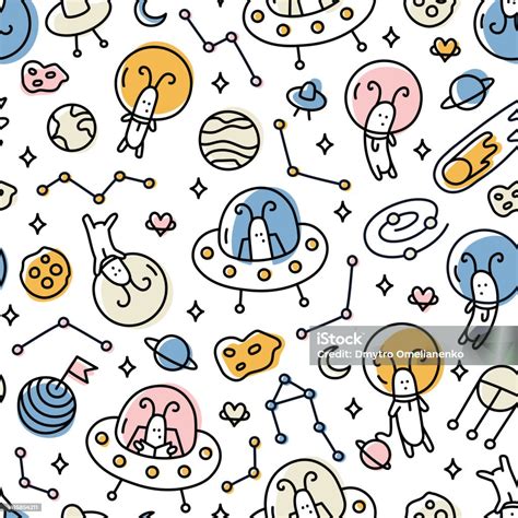 보육원 낙서 귀여운 패턴 흰색 배경의 우주 물체 주위의 우주선에있는 특이한 외계인 우주 비행사 스케치에 대한 스톡 벡터 아트 및