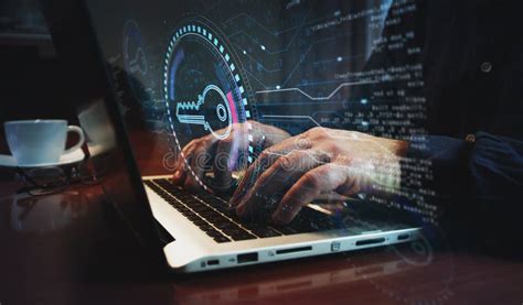 Cyber Security With Key Symbol And Man Typing Keyboard Stock