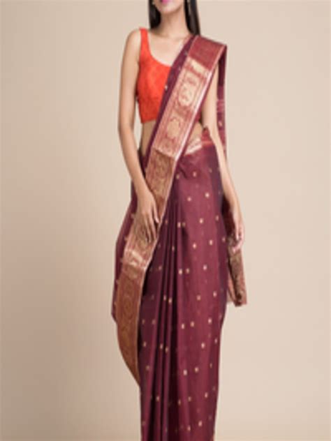 Buy Mitera Maroon And Gold Toned Paisley Zari Pure Cotton Fusion Taant