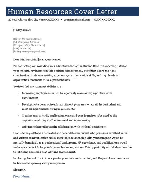 Human Resources HR Cover Letter Example Tips