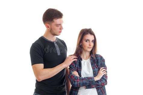 Young Cute Guy Holds Arm Shoulder Serious Girl Who Stands Upright Hands Stock Image Image Of