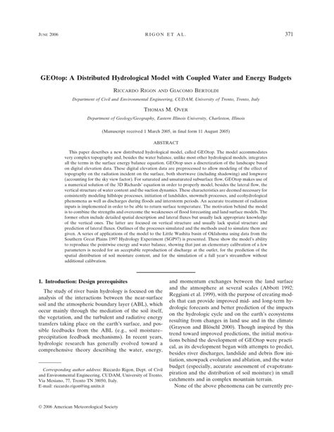 Pdf Geotop A Distributed Hydrological Model With Coupled Water And Energy Budgets