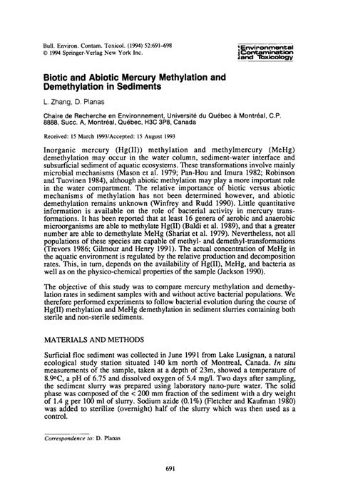 Pdf Biotic And Abiotic Mercury Methylation And Demethylation In Sediments