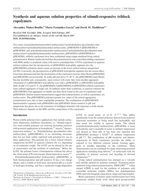 Pdf Synthesis And Aqueous Solution Properties Of Stimuli Responsive