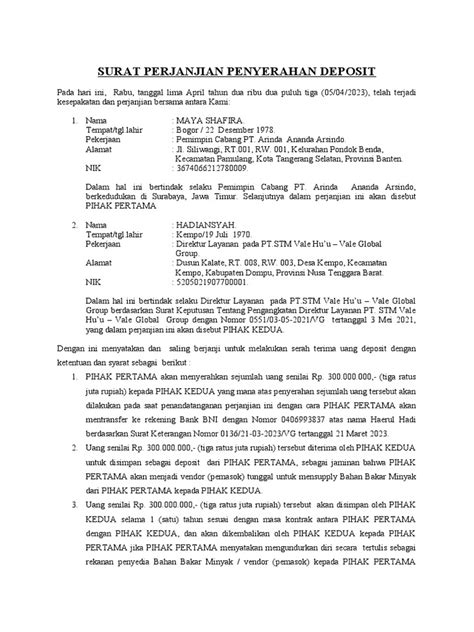 Surat Perjanjian Penyerahan Deposit Pdf