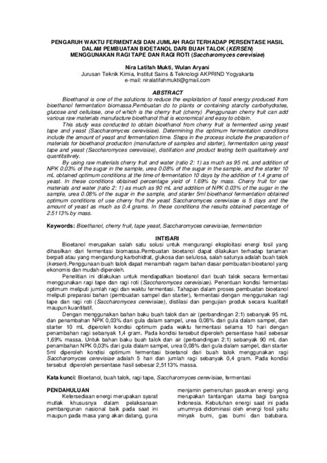 Pdf Pengaruh Waktu Fermentasi Dan Jumlah Ragi Terhadap Persentase