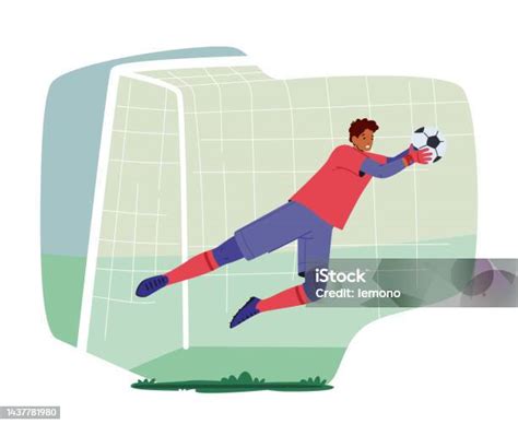골키퍼는 축구 팀 유니폼 점프를 입고 공중에서 공을 잡습니다 골키퍼는 축구 토너먼트 그림에서 게이트를 방어합니다 게이트에 대한
