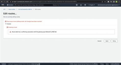 Amazon Web Services Error While Creatingediting Route In Aws
