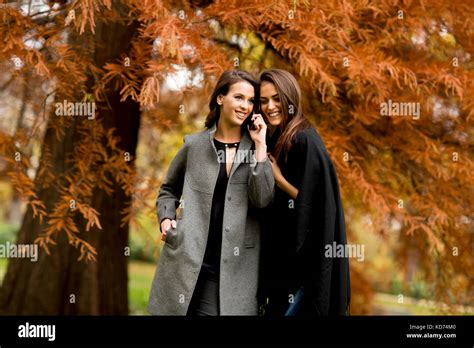 Zwei Hübsche Junge Frauen Mit Handy Im Herbst Park Stockfotografie Alamy