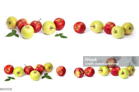 흰색 배경에 빨간 사과 세트입니다 흰색 배경에 노란색 반점이있는 붉은 색의 수분이 많은 사과 육즙이 빨간 사과의 구성 0명에