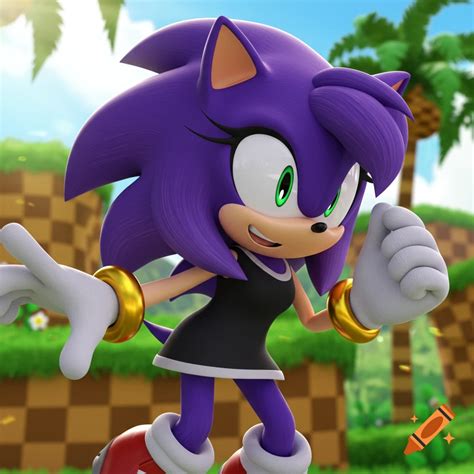 A Purple Female Sonic Oc With Green Eyes And A Black Dress Stands In A