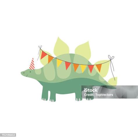 파티 깃발 재미 있는 다채로운 디노 캐릭터 행복 한 생일 파티 디자인 요소 벡터 일러스트 레이 션과 파티 모자에 귀여운