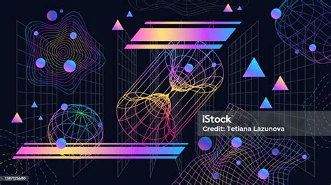 3d 그리드와 모양의 네오 미래 추상적 배경 네온 와이어프레임 그래픽 레트로 사이버 디자인 90 년대 게임 기술 벡터 배너 복고풍에 대한 스톡 벡터 아트 및 기타 이미지