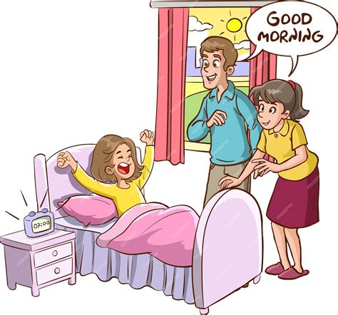 Premium Vector A Cartoon Of A Girl Waking Up In Her Bed With The