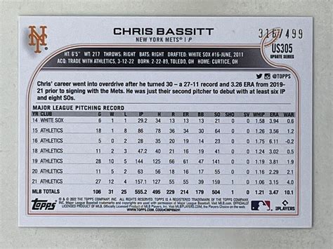 Chris Bassitt 2022 Topps Update Series Green Foil 499 Us305 Mlb Mets