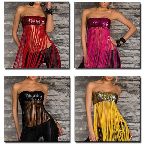 Sexy Womens Clubwear Erotic Sequin Long Fringe Tassel Tube Top Party