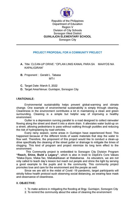 Clean Up Drive Proposal 2022 Department Of Education Region V