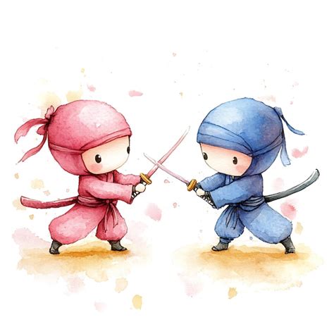 Two Cartoon Ninjas Facing Each Other Watercolor Illustration Premium