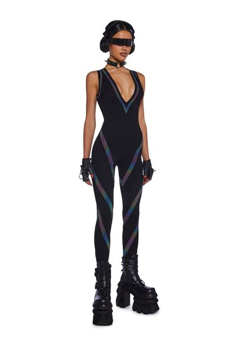 Club Exx Reflective Stripe Catsuit Festival Outfits Rave Neon