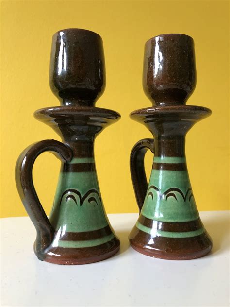 Small Red Clay Scraffito Candlesticks Poss Devonshire Torquay Etc